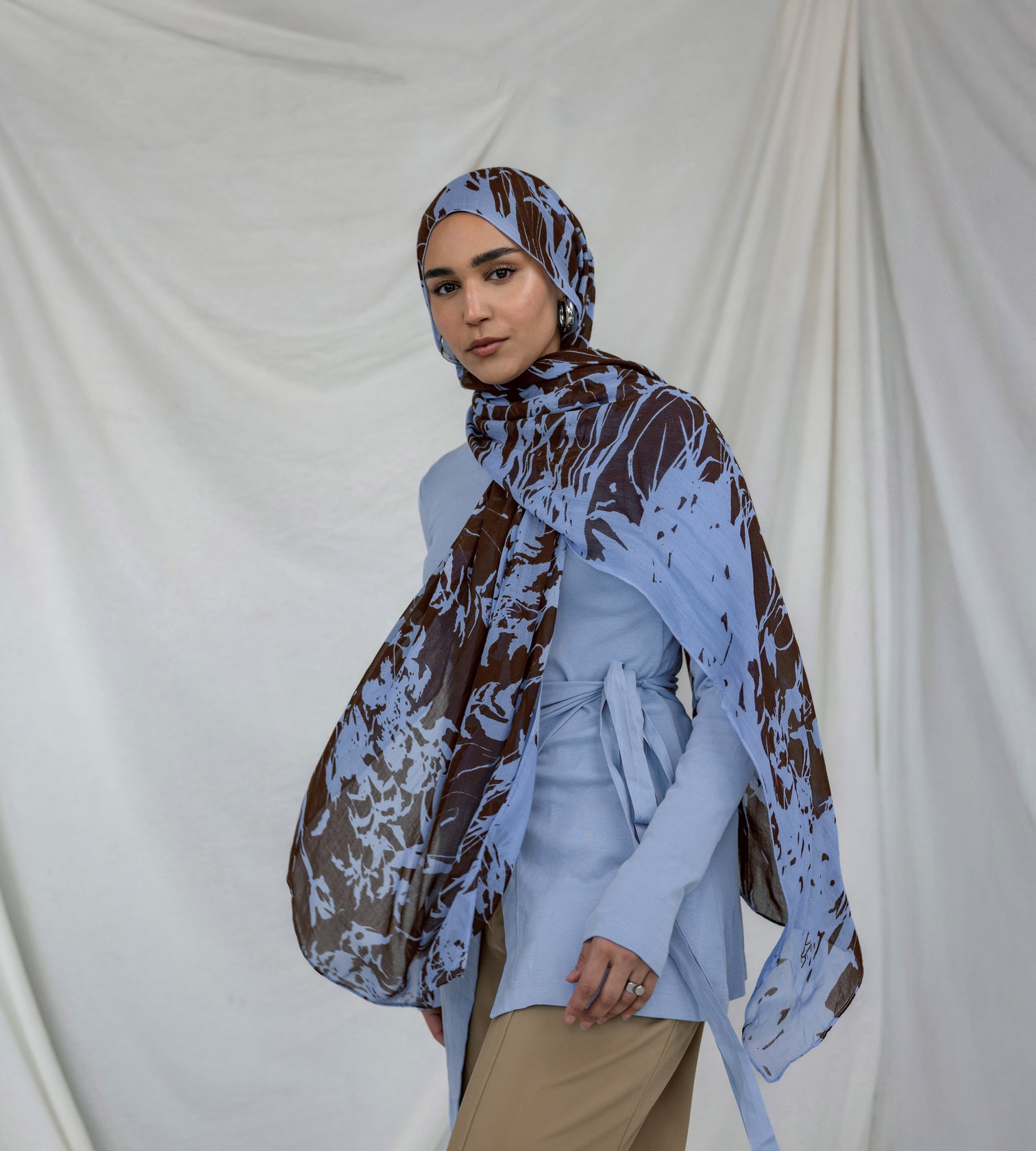 Chocolate Shadow Blossom – Brown Floral Scarf & Powder Blue Headscarf ...